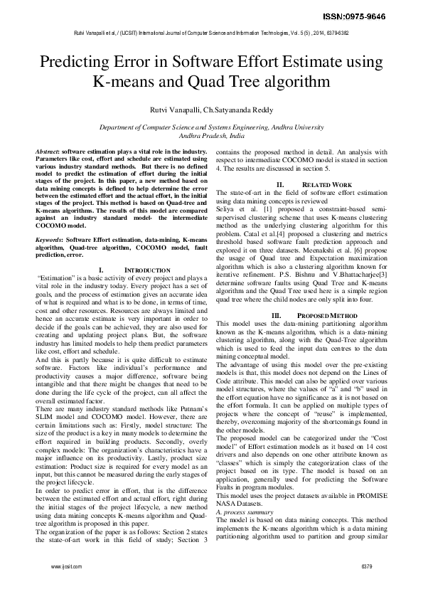 Pdf Predicting Faults In Software Effort Estimate Using K Means And Quad Tree Algorithm