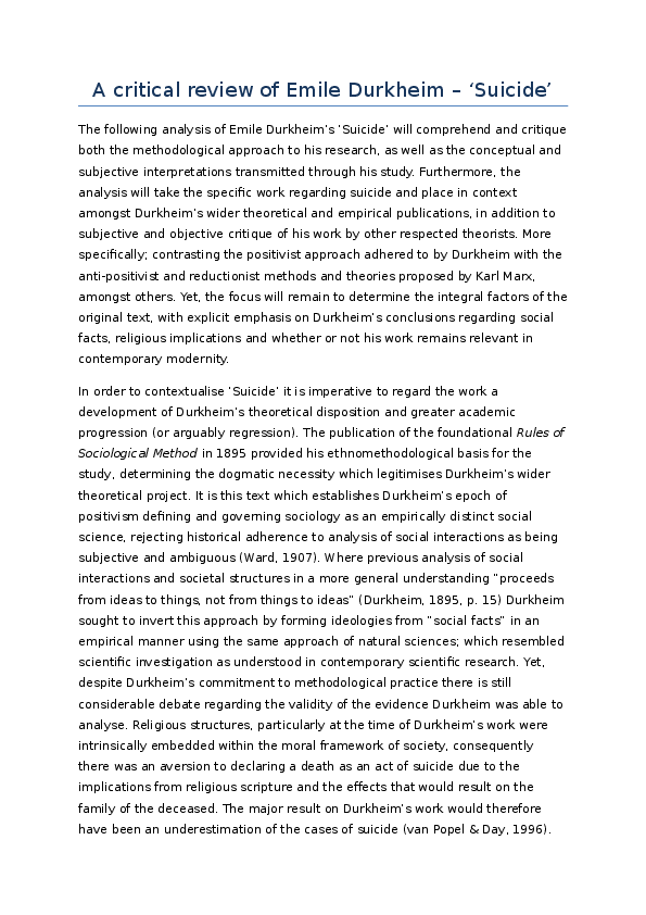 (DOC) Critical Review of Emile Durkheim' 'Suicide'