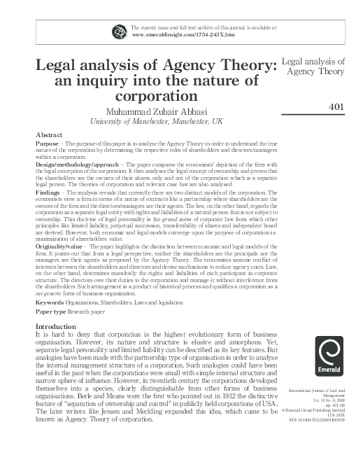 (PDF) Legal analysis of Agency Theory: an inquiry into the nature of ...