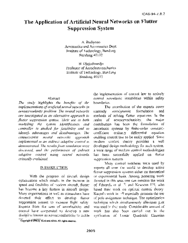 Pdf The Application Of Artificial Neural Networks On Flutter Suppression Sysytem