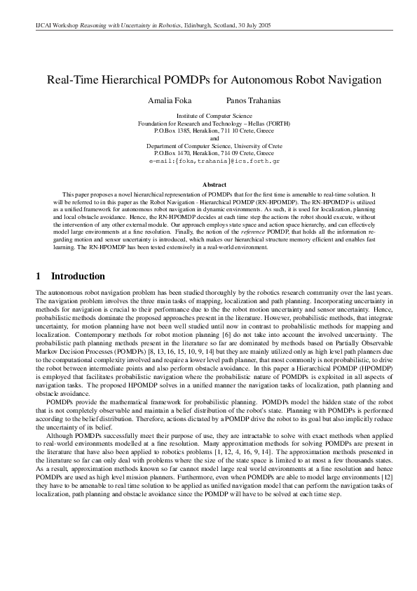 (PDF) Real-Time Hierarchical POMDPs for Autonomous Robot Navigation