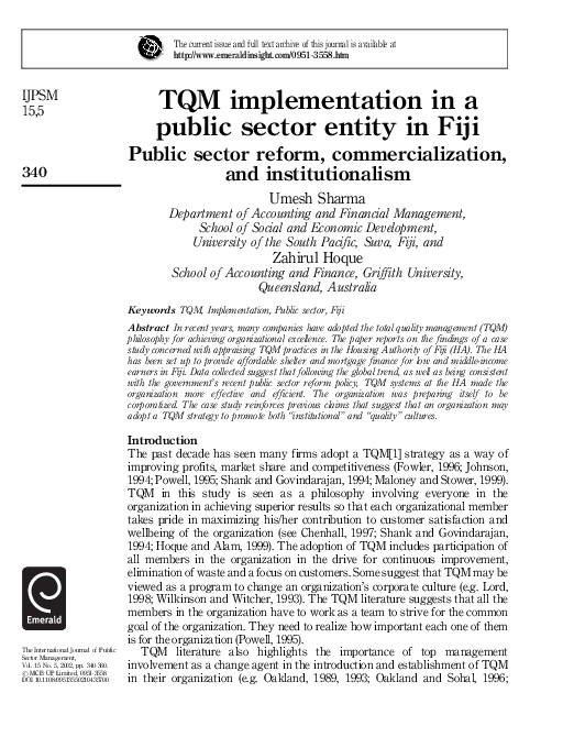 (PDF) TQM implementation in a public sector entity in Fiji: Public ...