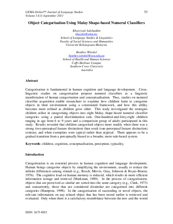 Pdf Object Categorisation Using Malay Shape Based Numeral Classifiers