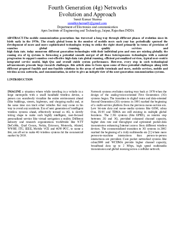 (DOC) Fourth Generation (4g) Networks Evolution and Approach