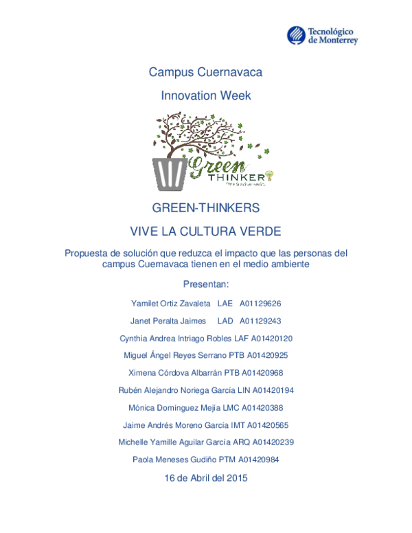 (PDF) Green Thinkers: solution to reduce university´s impact on environment