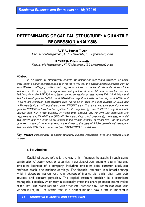 (PDF) DETERMINANTS OF CAPITAL STRUCTURE: A QUANTILE REGRESSION ANALYSIS