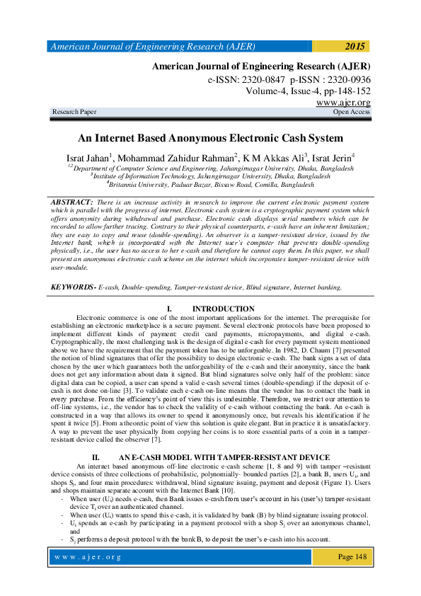 (PDF) An Internet Based Anonymous Electronic Cash System