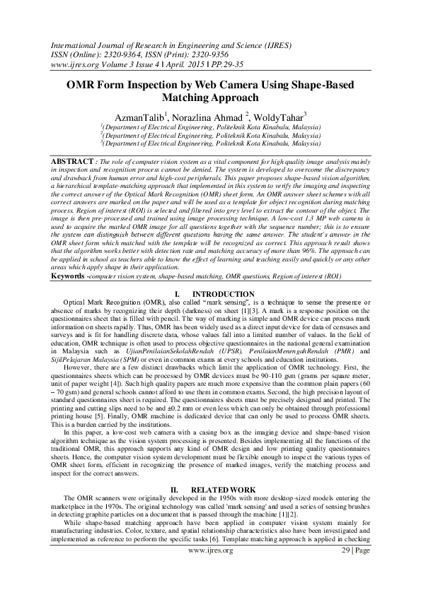 (PDF) OMR Form Inspection by Web Camera Using Shape-Based Matching Approach