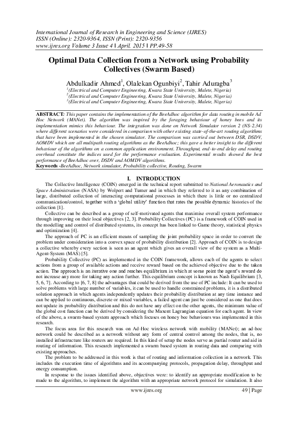 (PDF) Optimal Data Collection from a Network using Probability Collectives (Swarm Based)