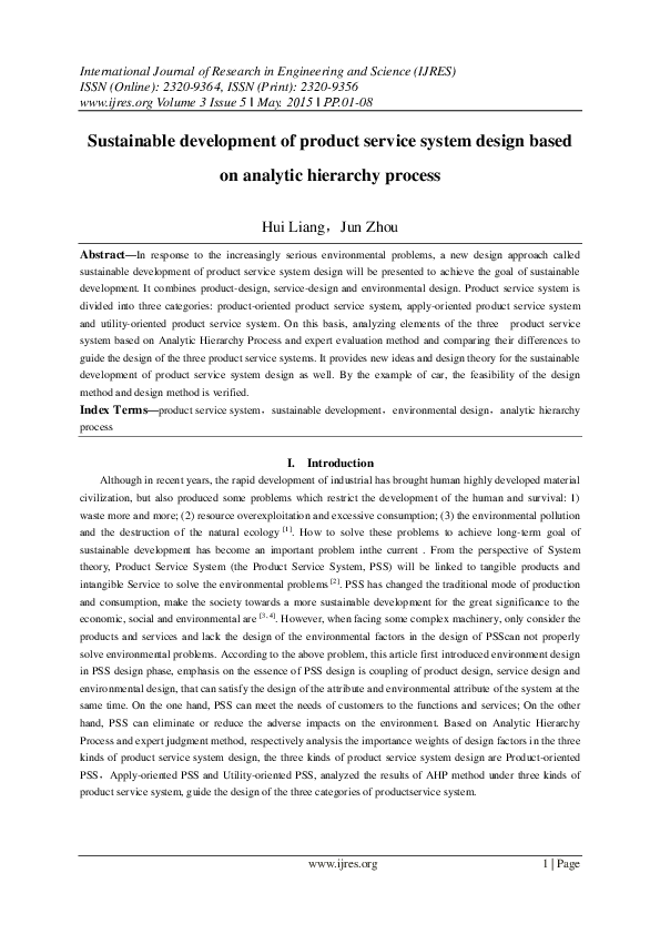 Pdf Sustainable Development Of Product Service System Design Based On Analytic Hierarchy Process