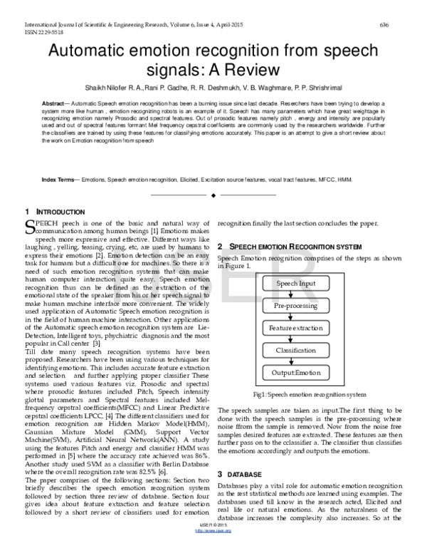 Pdf Automatic Emotion Recognition From Speech Signals A Review