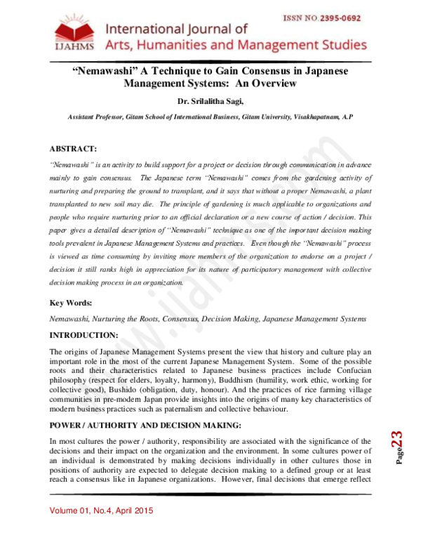 (PDF) “Nemawashi” A Technique to Gain Consensus in Japanese Management Systems: An Overview