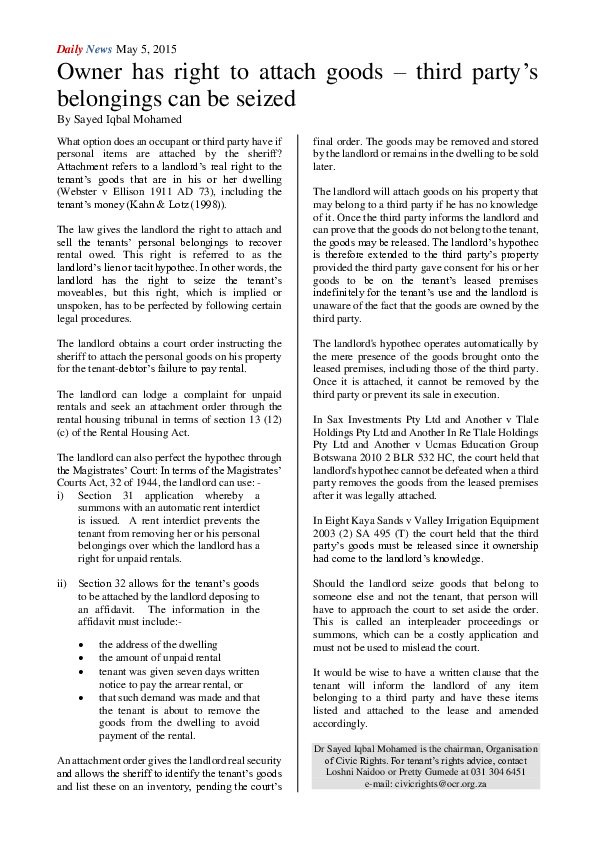 (PDF) Owner has right to attach goods – third party’s belongings can be ...