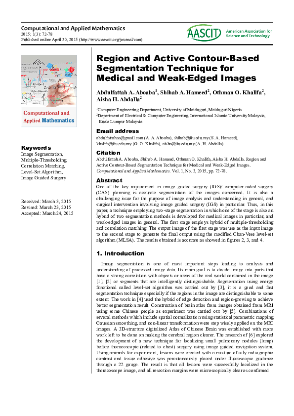 Pdf Region And Active Contour Based Segmentation Technique For Medical And Weak Edged Images