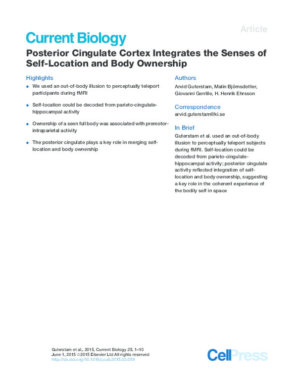 Posterior Cingulate Cortex Integrates the Senses of Self-Location and ...