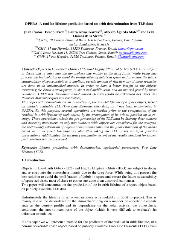 (PDF) OPERA: A tool for lifetime prediction based on orbit ...