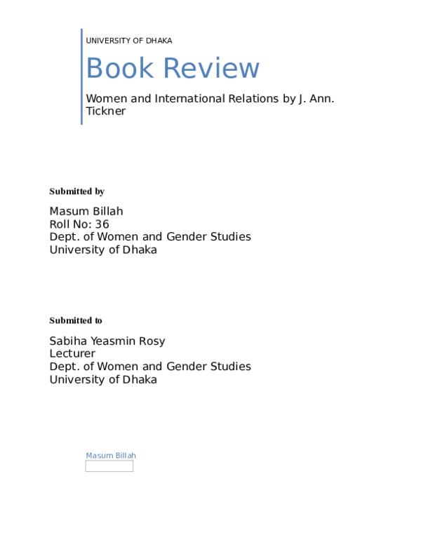 (DOC) Women in International Relation by J. Ann. Tickner Review