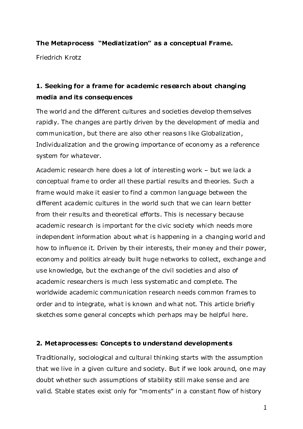 (PDF) The meta-process of `mediatization' as a conceptual frame