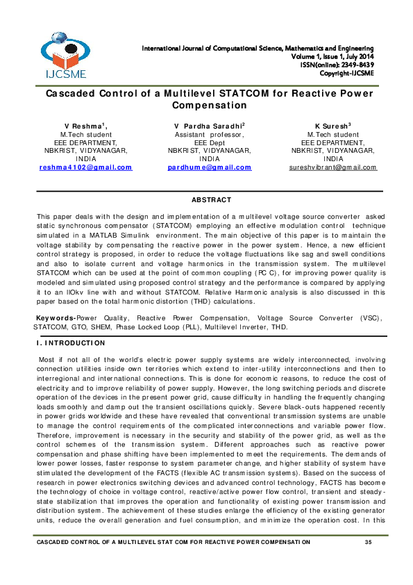 Pdf Cascaded Control Of A Multilevel Stat Com For Reactive Power