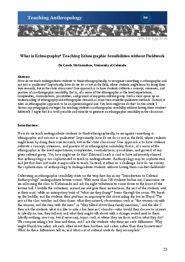 (PDF) What is Ethnography?: Teaching Ethnographic Sensibilities Without Fieldwork (2014)