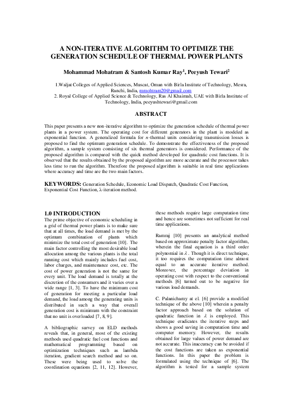Pdf A Non Iterative Algorithm To Optimize The Generation Schedule Of 0336