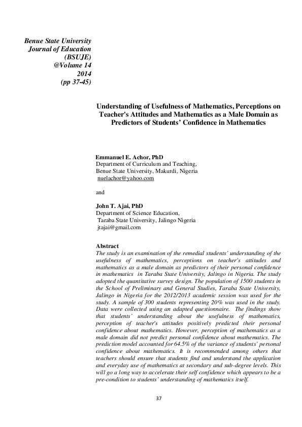 (PDF) Understanding of Usefulness of Mathematics, Perceptions on ...