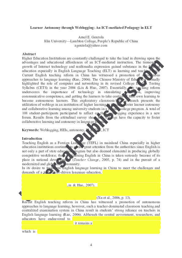 (PDF) Learner Autonomy through Weblogging: An ICT-mediated Pedagogy in ELT