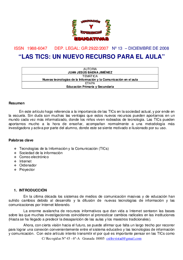 (PDF) " LAS TICS: UN NUEVO RECURSO PARA EL AULA