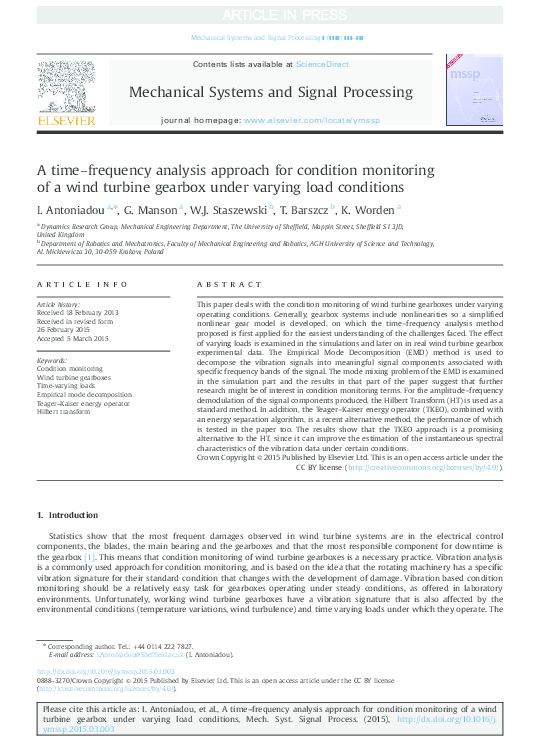 (PDF) A time–frequency analysis approach for condition monitoring of a wind turbine gearbox ...