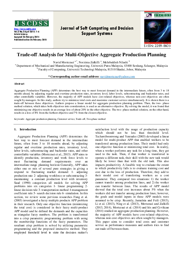 (PDF) Trade-off Analysis for Multi-Objective Aggregate Production Planning