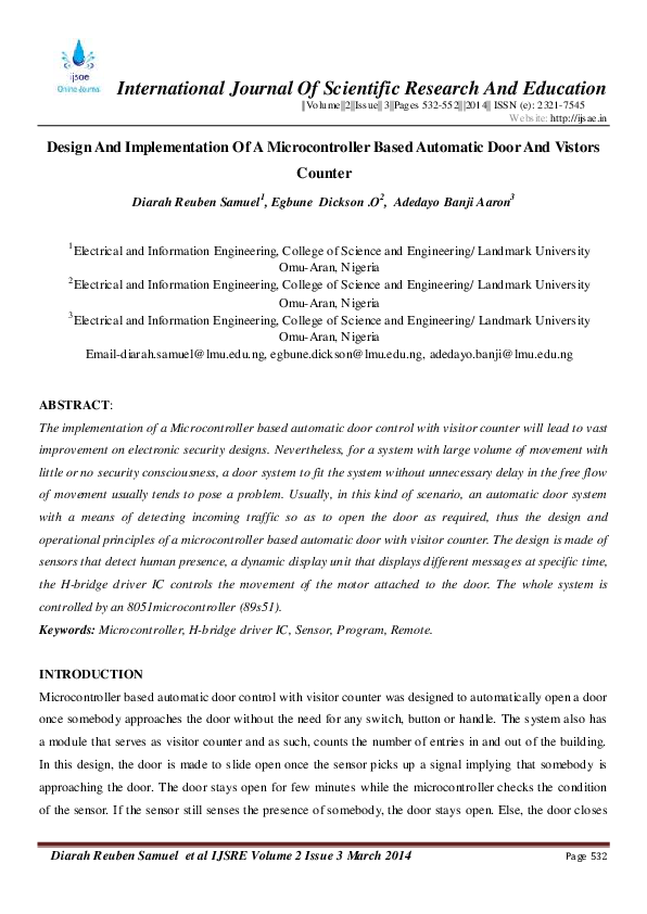 (PDF) Design And Implementation Of A Microcontroller Based Automatic Door And Vistors Counter.