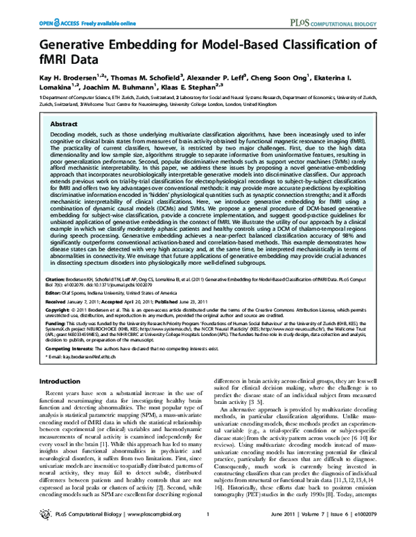 Pdf Generative Embedding For Model Based Classification Of Fmri Data
