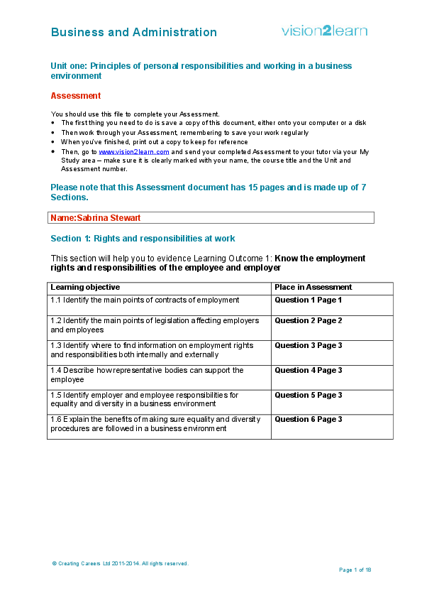 (DOC) Unit one: Principles of personal responsibilities and working in ...