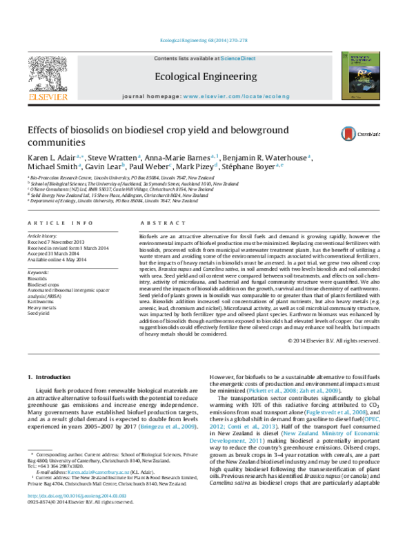 (PDF) Effects of biosolids on biodiesel crop yield and belowground ...