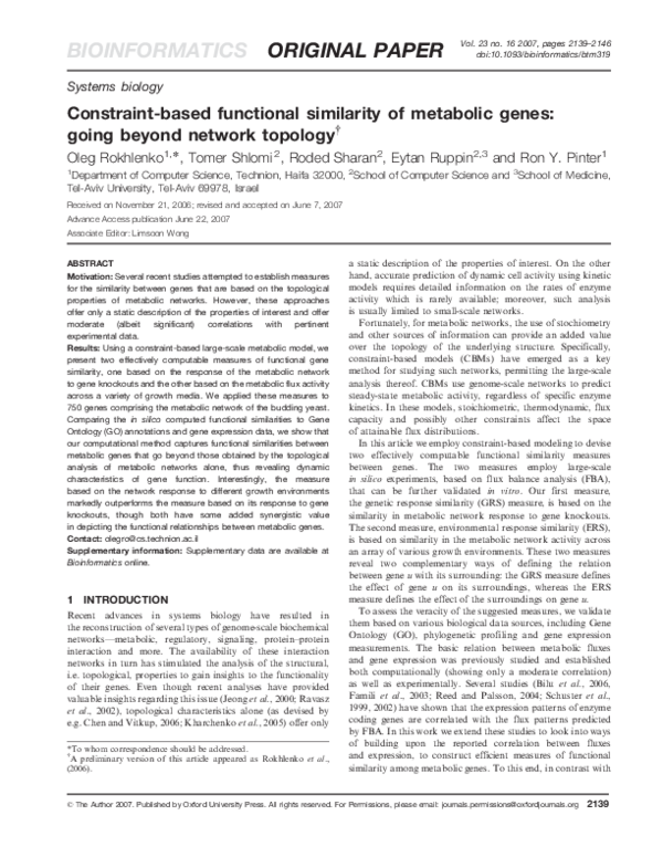 (PDF) Constraint-based functional similarity of metabolic genes: going beyond network topology