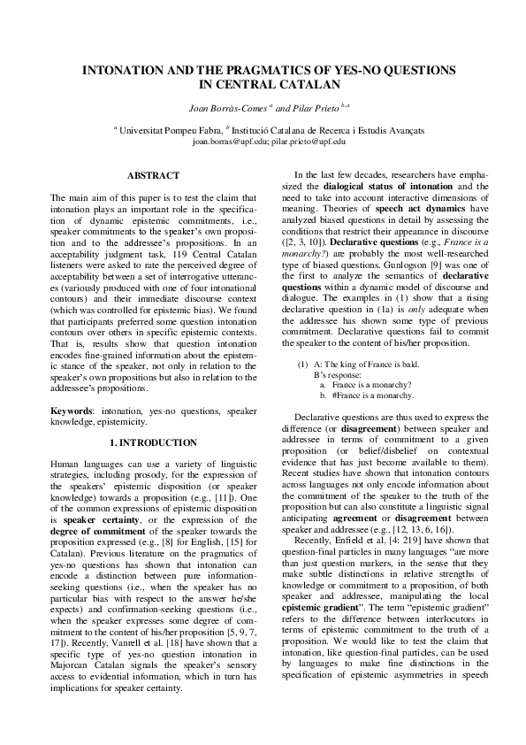 (PDF) Intonation and the Pragmatics of Yes-No Questions in Central Catalan