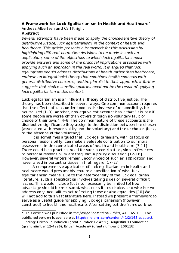 (DOC) A Framework for Luck Egalitarianism in Health and Healthcare