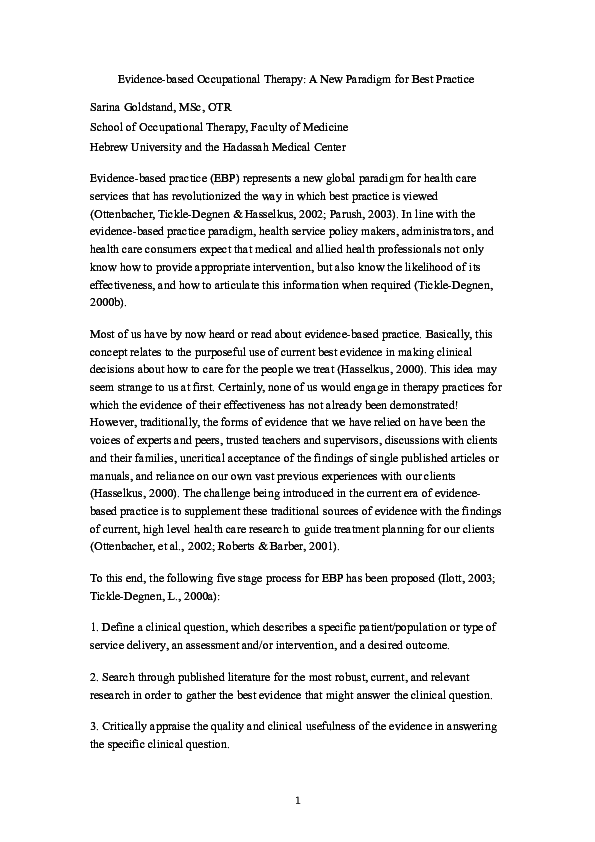 (DOC) Evidence-based Occupational Therapy: A New Paradigm for Best Practice