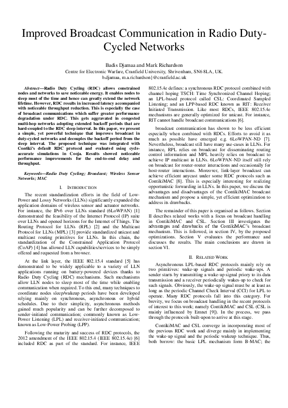 Improved Broadcast Communication in Radio Duty-Cycled Networks
