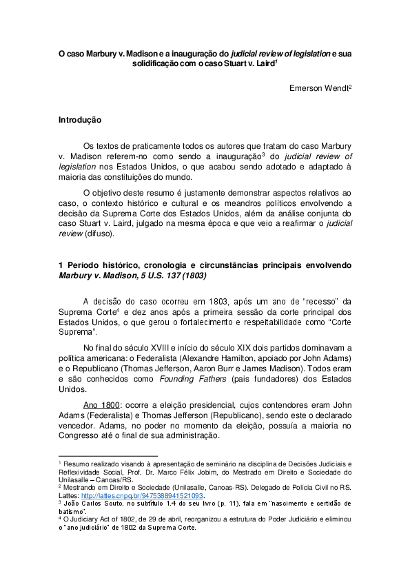 (PDF) O CASO MARBURY V. MADISON E A INAUGURAÇÃO DO JUDICIAL REVIEW OF ...