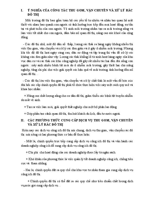 (DOC) I. Ý NGHĨA C A CÔNG TÁC THU GOM, V N CHUY N VÀ