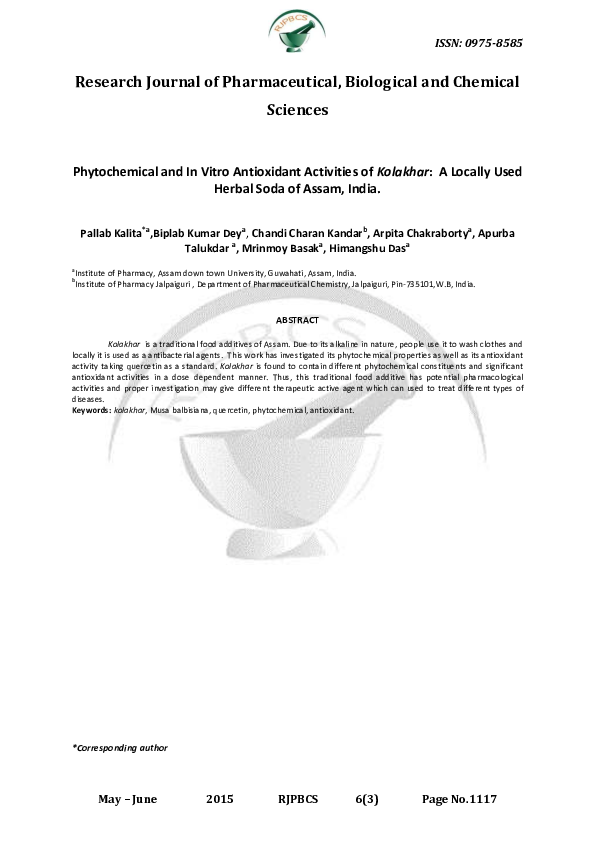 Phytochemical and In Vitro Antioxidant Activities of Kolakhar: A ...