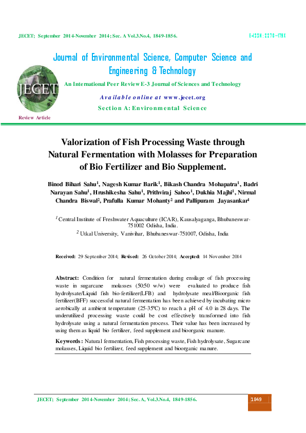 (PDF) Valorization of Fish Processing Waste through Natural Fermentation with Molasses for ...
