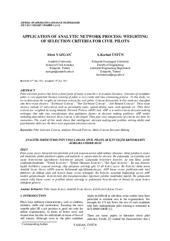 (PDF) Application of Analytic Network Process: Weighting of Selection Criteria for Civil Pilots
