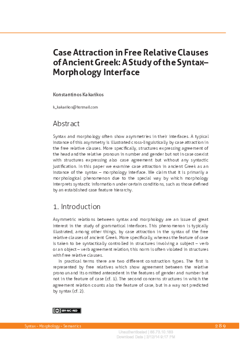 (PDF) Case Attraction in Free Relative Clauses of Ancient Greek: A Study of the Syntax ...