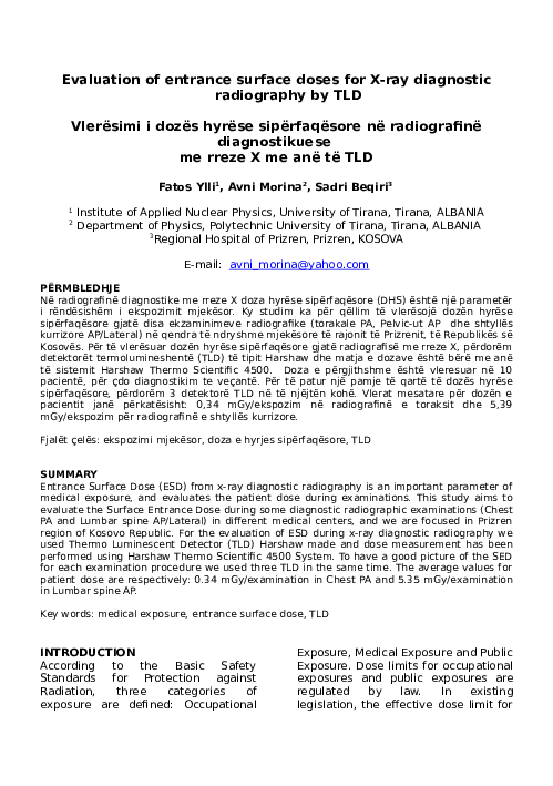 (DOC) Evaluation of entrance surface doses for X-ray diagnostic ...