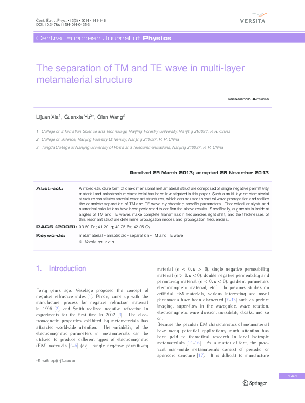 (PDF) The separation of TM and TE wave in multi-layer metamaterial structure