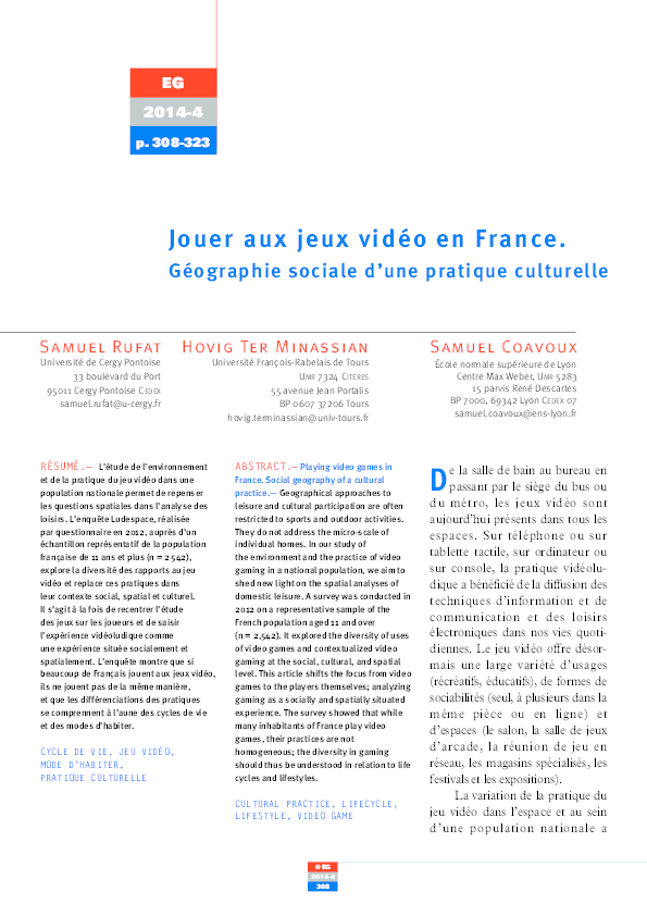 (PDF) Jouer aux jeux vidéo en France. Géographie sociale d’une pratique ...