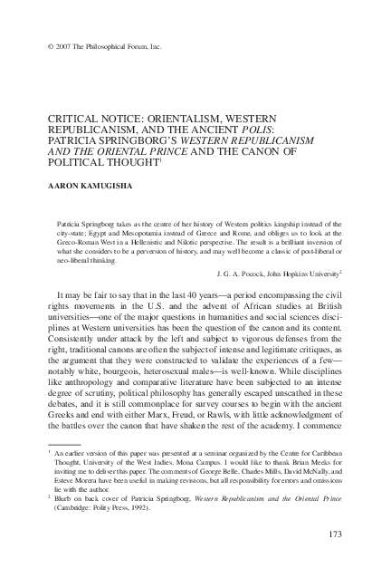 (PDF) Aaron Kamugisha, Critical notice: Patricia Springborg's western ...