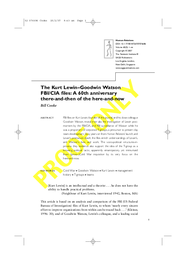 (PDF) The Kurt Lewin–Goodwin Watson FBI/CIA files: A 60th anniversary ...